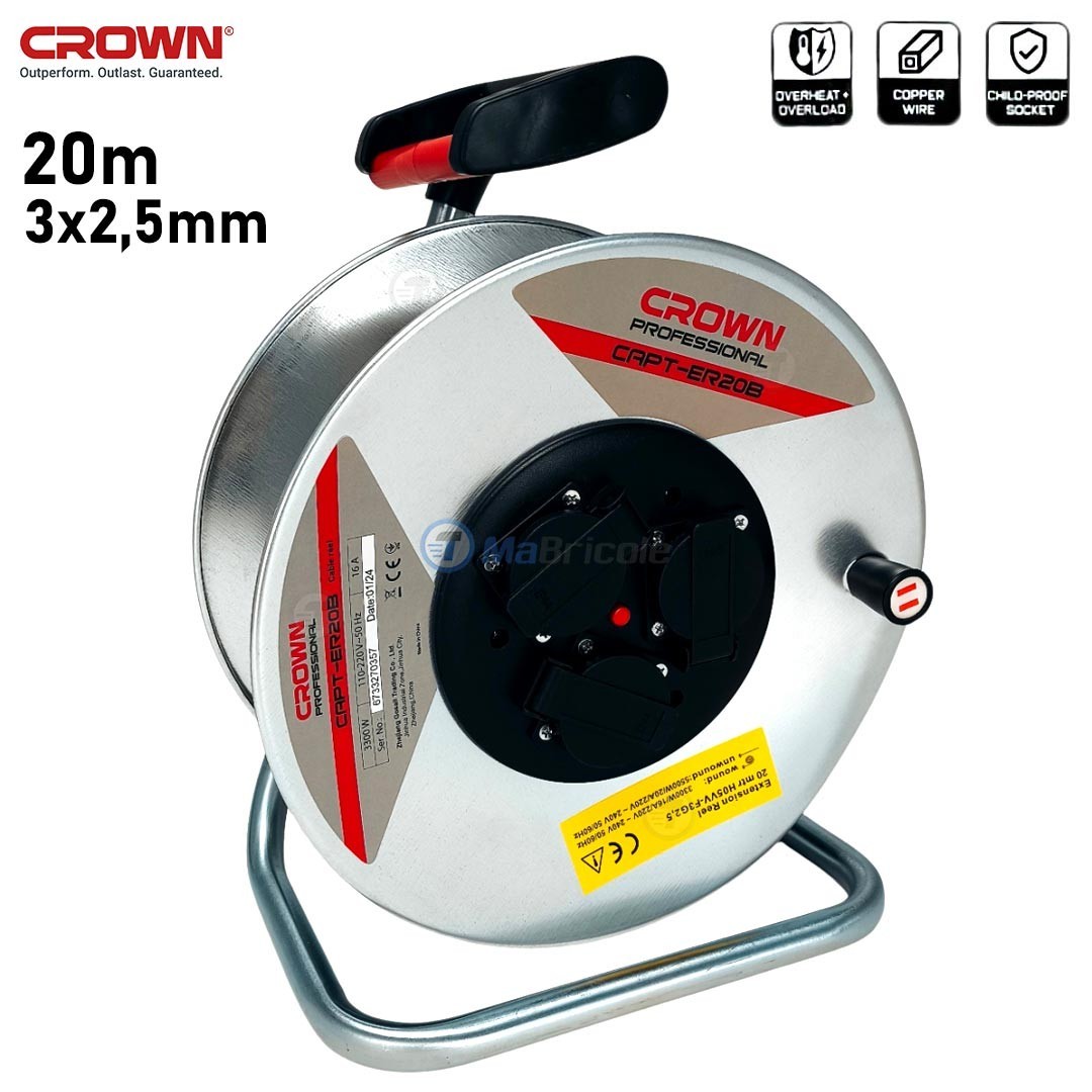 Rallonge et enrouleur électrique 20m 3*2,5mm câbles en cuivre CROWN ...