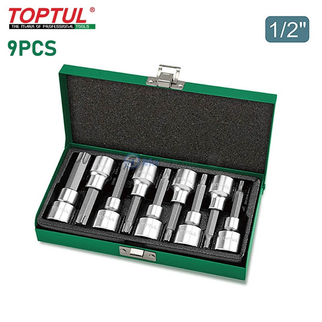 Jeu de 9 douilles longues à embout étoile 1/2" T20-T60 80mm avec coffret TOPTUL | GAAD0906