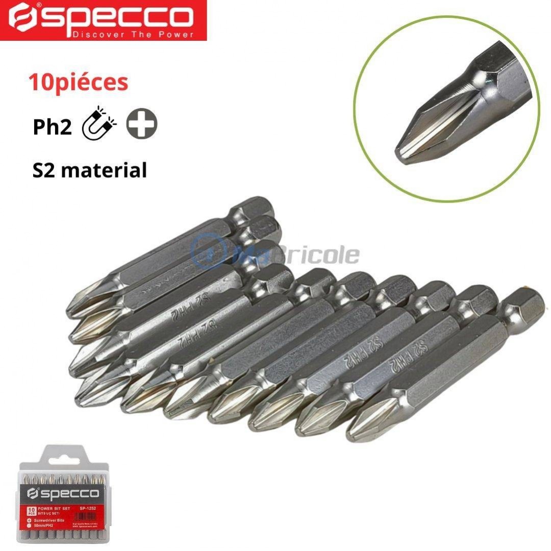 Jeu de 10 embouts visseuse PH2 x 50mm Magnetique en Acier industriel S2 ...