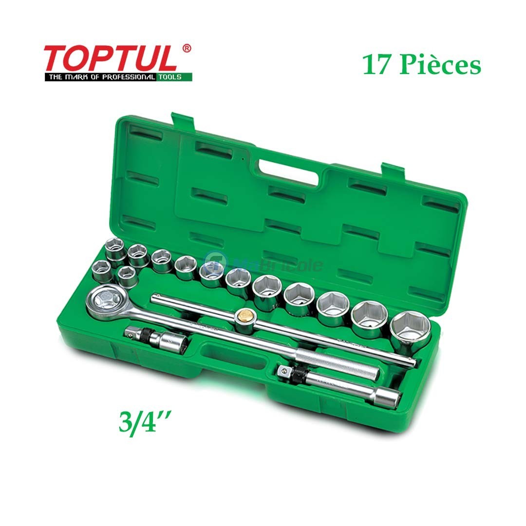 Caisse à outils douilles poids lourd et clés cliquet 3/4" 17 pcs TOPTUL | GCAI1701