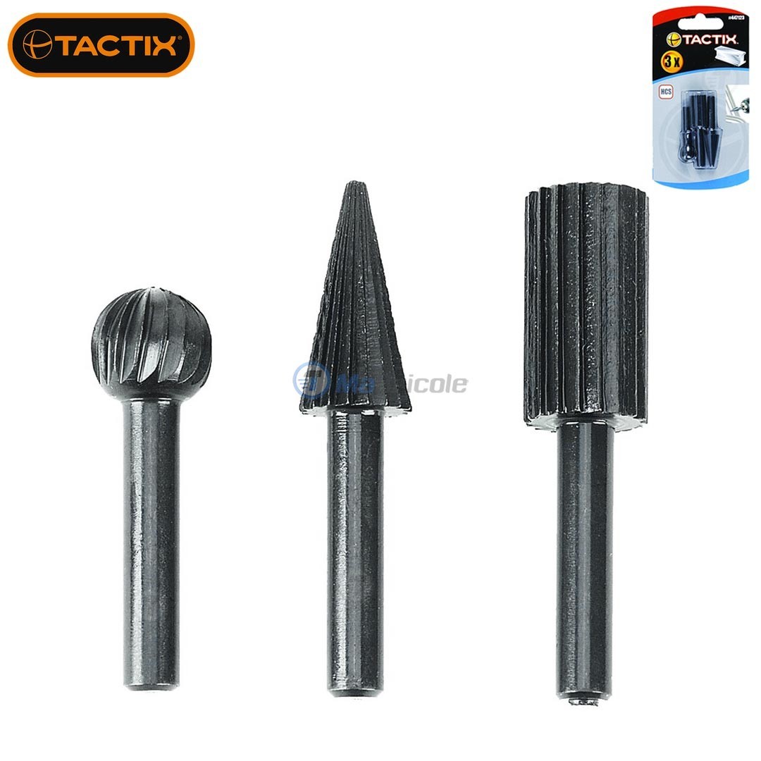 Jeu de 3 fraises rotatives râpe métal tige 6mm en HSS TACTIX | 447123