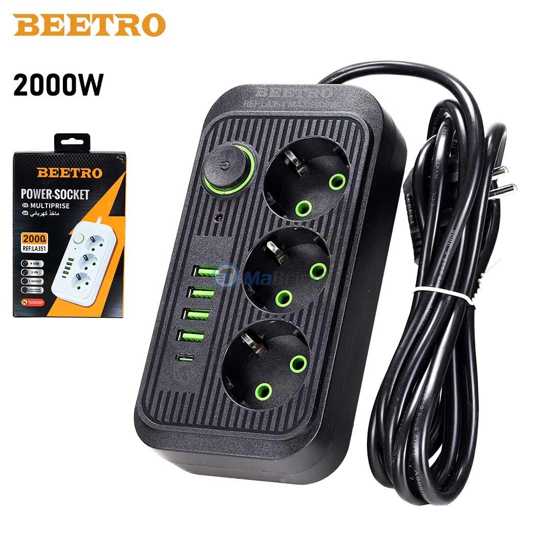 Multiprise avec interrupteur 2m 3 prises de terre 4 USB 1 PD 2000W MAX ...