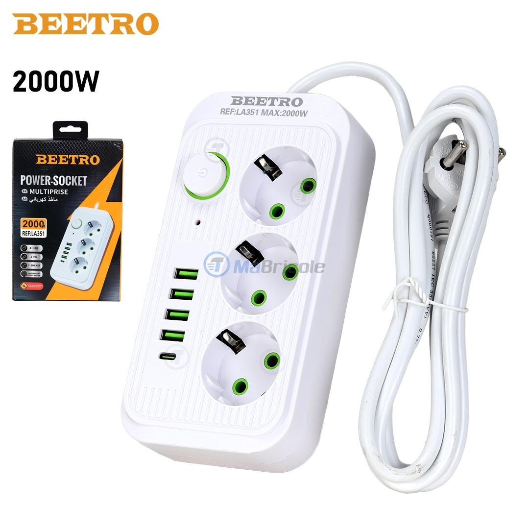 Multiprise avec interrupteur 2m 3 prises de terre 4 USB 1 PD 2000W MAX ...